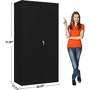 Rophefx 2 Doors Metal Storage Cabinet, Tall Locking Storage Cabinet with 4 Adjustable Shelves for Warehouse, Garage, Home Office, Black