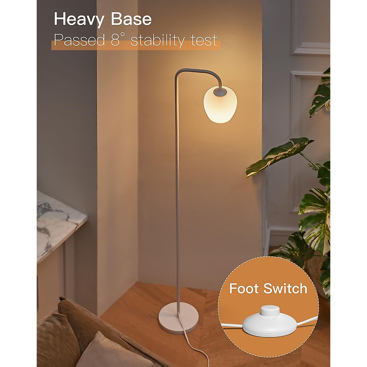ONEWISH White Floor Lamp-Modern Standing Lamp for Living Room Bedroom, Opal Glass Lamp Shade, LED Bulb Included, for Reading Office, Simple Design Home Decor for Christmas Thanksgiving Day