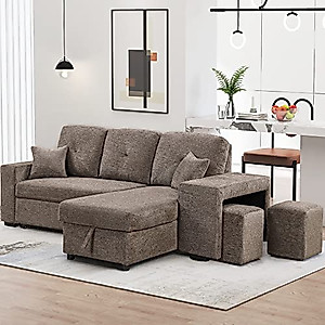 Bellemave Reversible Sectional Sofa Couch, L-Shape 3-Seater Sofa, Pull Out Sleeper Sofa Upholstered Couch 95" Sleeper Sofa with Side Shelf and 2 Stools for Living Room (Knox Charcoal)
