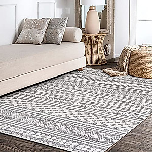 Eyely HOM303A-8 Moroccan Hype Imlil Tribal Geometric Stripe Indoor Area Rug Bohemian,Casual;Vintage, Bedroom, Kitchen, Living Room, Easy-Cleaning, Non-Shedding, 8 X 10, Light Gray/Cream