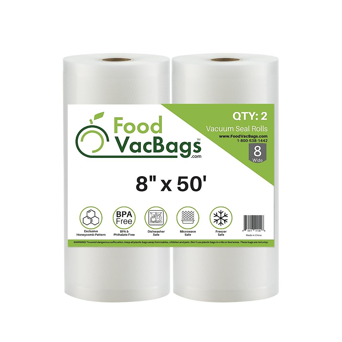 2 Rolls 8-Inch-by-50-Foot Vacuum Food Sealer Bags - Compatible with Foodsaver Machines - Embossed Commercial Grade Make-Own-Size Sous Vide or Storage