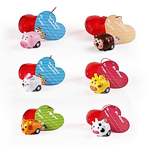JOYIN 28 Pack Valentine Day Animals Pull Back Vehicles for Kids with Gift Cards and Filled Hearts, Pull Back & Go Car Toy Sets for Toddlers Kids Valentine School Classroom Exchange, Game Prizes