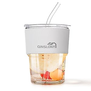 QINSLONY Iced Coffee Cup, 13oz Glass Tumbler with Lid and Glass Straw, Thick Wall Water Cup, Reusable Coffee Tumbler Sealed Carry on, Glass Coffee Mug with Leather Sleeve