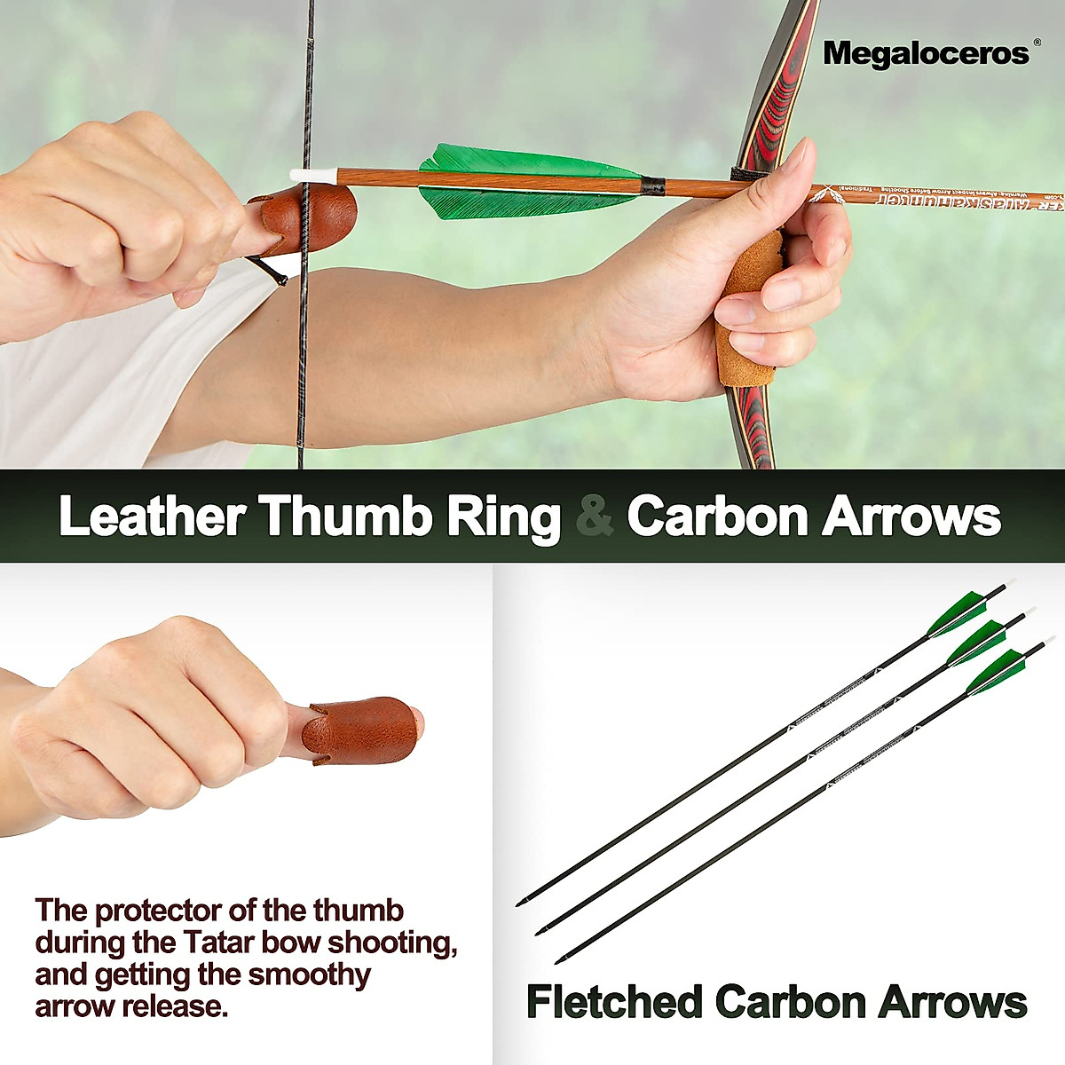 Megaloceros Archery 52" Recurve Bow Handmade Laminated Longbow Traditional Bow and Arrows Ambidextrous Horsebows Set for Hunting Target Shooting 30lbs