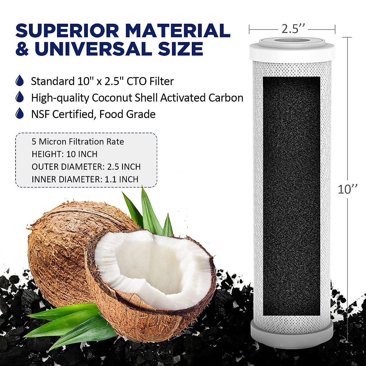 5 Micron Grooved Sediment & 5 Micron CTO Carbon Block Water Filter 10"x2.5", Whole House Water Filters Universal Replacement Filter Cartridge by Membrane Solutions