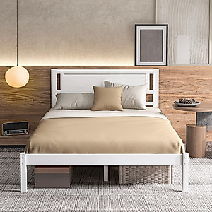 KOMFOTT Full Size Wood Platform Bed Frame with Headboard, Mid-Century Bed Frame with Wooden Slats Support & Under Bed Storage Space, No Box Spring Required Mattress Foundation (White)
