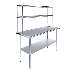 Stainless Work Table with Wide Double Tier Overshelf | Metal Kitchen Prep Table & Shelving Combo