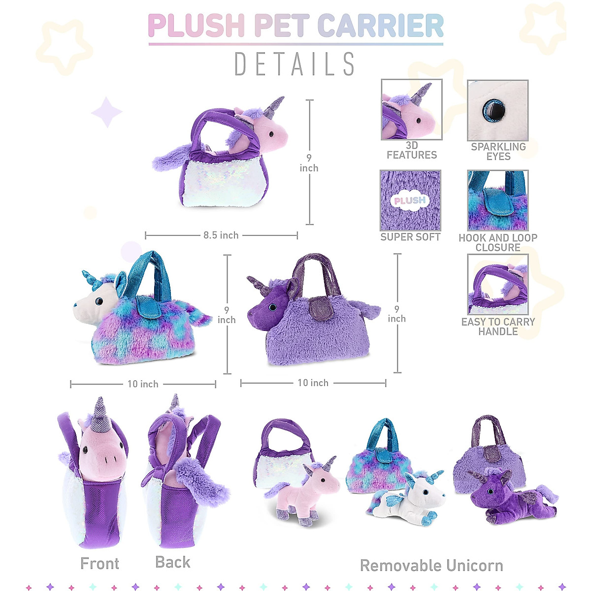 DolliBu Purple Unicorn Bags Collection Set of 3 - Blue and Purple Unicorn Stuffed Animal Purse Bags for Girls, Removable Unicorns in Sequin, Furry Handbags for Dress Up