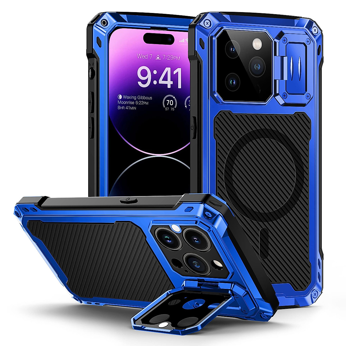 Lanhiem for iPhone 14 Pro Max Metal Case, [Built-in Camera Kickstand & Tempered Glass Screen Protector] Protective Rugged Heavy Duty Full Body Magsafe Military Cover for iPhone 14 Pro Max 6.7"(Blue)