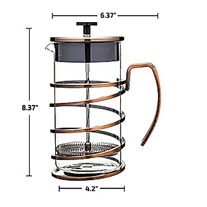 OVENTE Glass French Press Coffee Maker - 34 oz w/Stainless Steel Filter Plunger - Hot or Cold Brew, BPA Free Travel Coffee Press Camping Ready Coffee & Tea Maker - Spiral Copper FSW34C
