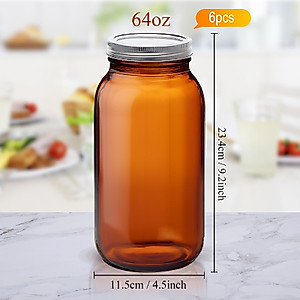 6 Pieces 64 oz Amber Glass Mason Jars Glass Mason Jars Amber Canning Jar Container Set Embossed Half Gallon Fermenting Jars with Airtight Lids for Canning Freezing Preserving Beverages Jar Decor