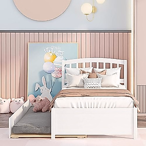 Harper & Bright Designs Twin Bed Frame with Trundle, Twin Bed Frame with Headboard, Wood Twin Platform Bed with Pull Out Trundle for Kids, Guest Room,No Box Spring Needed,White