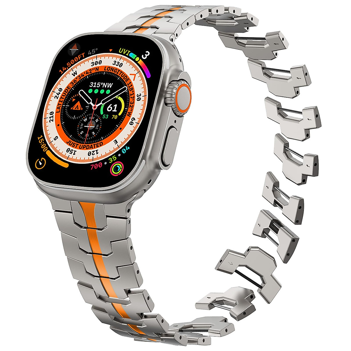 CHANCHY Stainless Steel Band for Apple Watch Ultra 2 Band 49mm 46mm 45mm 44mm, Metal Strap with Folding Clasp for Apple Watch Series 10 9 8 7 6 5 4 3 2 1 Ultra Ultra 2 for Men (49mm, Titanium/Orange)