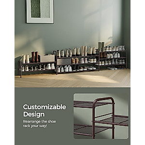 SONGMICS Shoe Rack, 2-Tier Shoe Organizer, Metal Shoe Shelf Storage with 4 Side Hooks, Holds 12 Pairs of Shoes, Height-Adjustable Shoe Rack for Entryway, Hallway, Closet, Easy Assembly, Chestnut Brown
