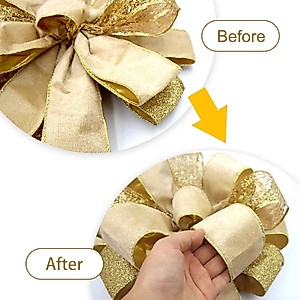 Christmas Tree Topper Bow, 43x13 Inches Large Toppers Bows for Christmas Tree, Glitter Satin Mesh Streamer and Wired Edge, Xmas Ornament Treetop Hanging Decorations & Gift