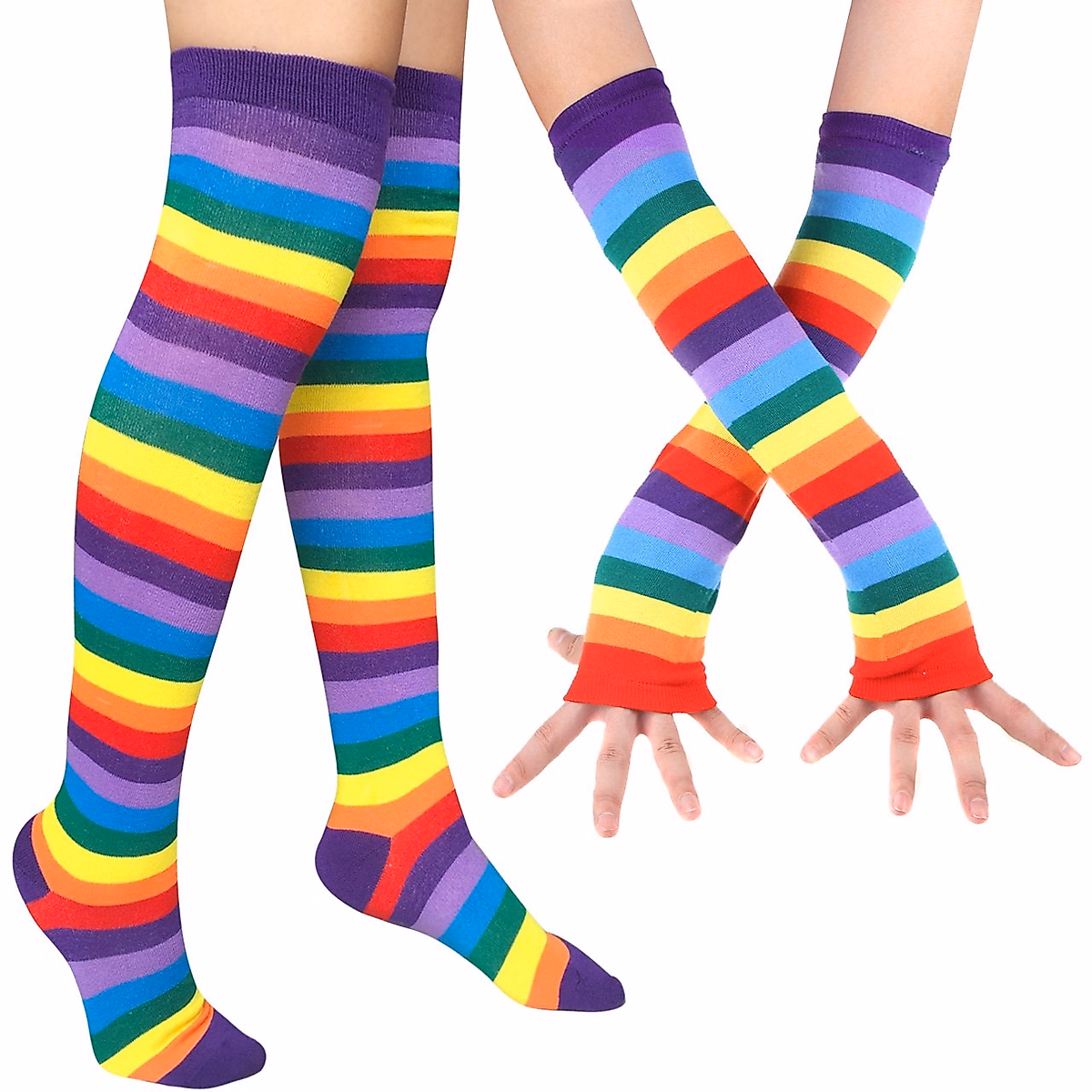 Chalier Womens Rainbow Striped Knee Thigh High Socks Arm Warmer Fingerless Gloves 2 Pairs(rainbow Set) One Size