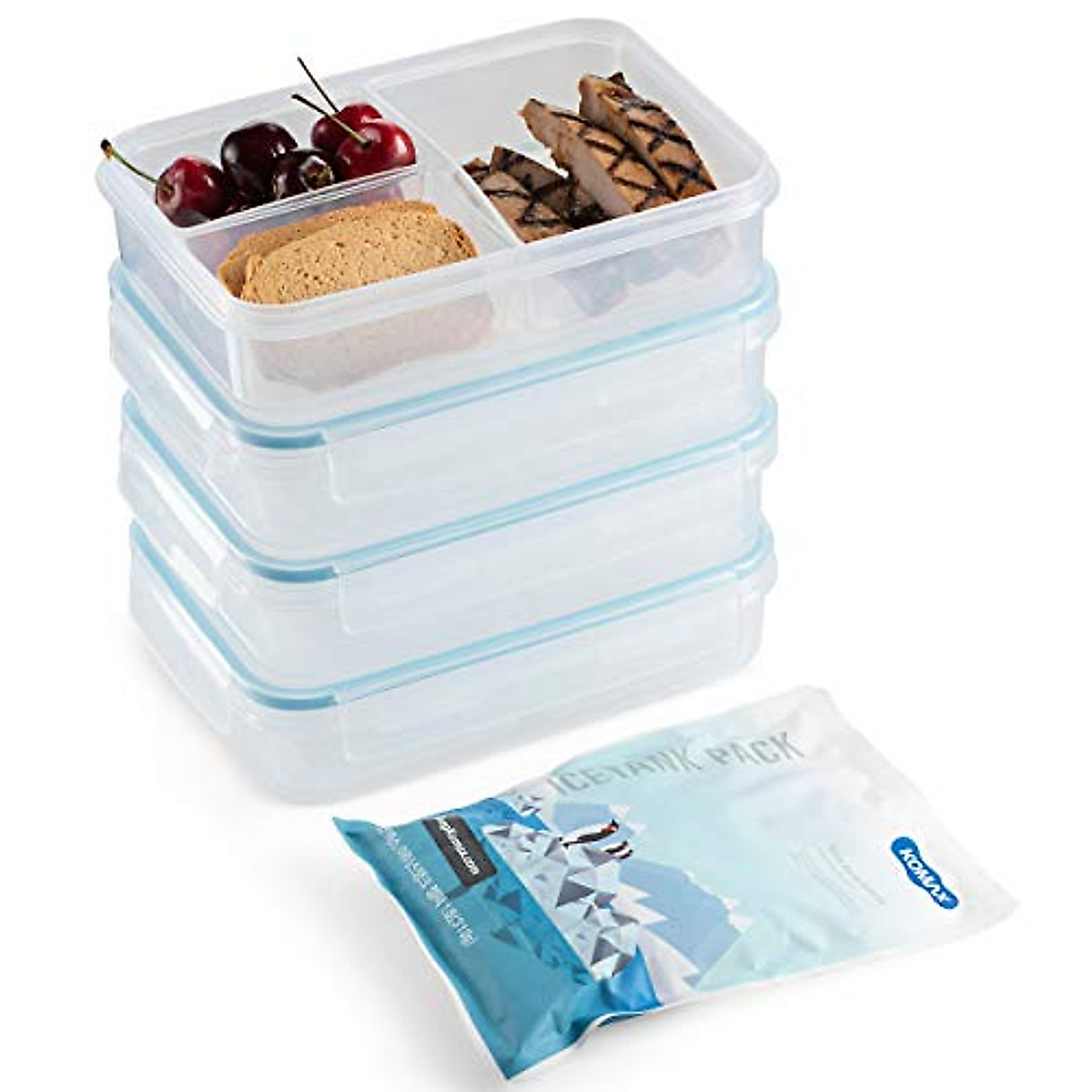 Komax Biokips Set of 5 Lunch Containers – 3 Compartment Food Container for Meal Prep, Portion Control – Microwave & Dishwasher Safe Bento Box Adult Lunch Container w/Locking Lid (37 oz)