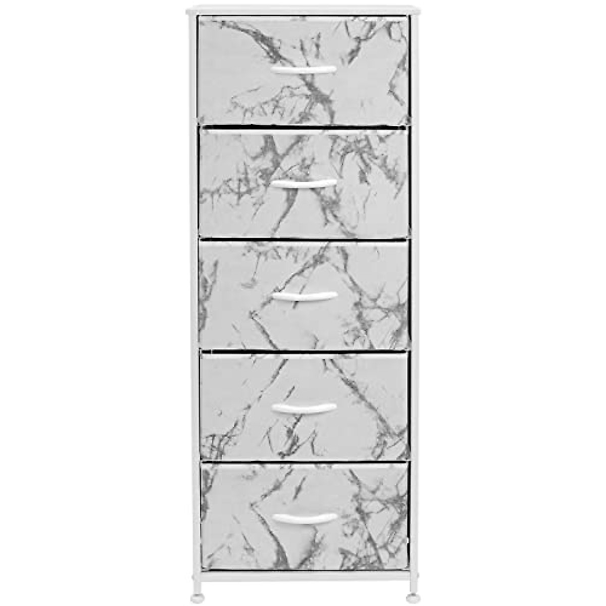 Sorbus Fabric Dresser for Bedroom - Chest of 5 Drawers, Tall Storage Tower, Clothing Organizer, for Closet, for Living Room, Steel Frame, Fabric Bins - Wood Handle (Marble White – White Frame)