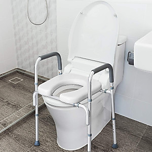 OasisSpace Stand Alone Raised Toilet Seat 300lb - Heavy Duty Medical Raised Homecare Commode and Safety Frame, Height Adjustable Legs, Bathroom Assist Frame for Elderly, Handicap, Disabled