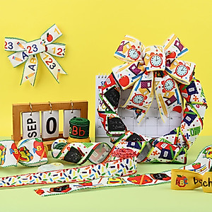 Honic 8 Rolls 32 Yards Back to School Wired Edge Ribbons, School Themed Fabric Ribbon, Apple Book Pencil Ruler Blackboard Pattern Decorative Ribbon for Bow Wreath Sewing Gift Wrappinf DIY Crafts