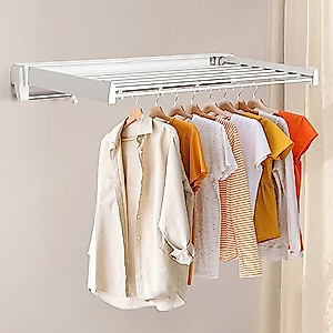 Nisorpa Invisible Wall Mounted Drying Rack Collapsible Wall Mounted Clothes Hanger Clothes Laundry Drying Rack Wall Mount Drying Racks for Laundry 7 Drying Rods (White)