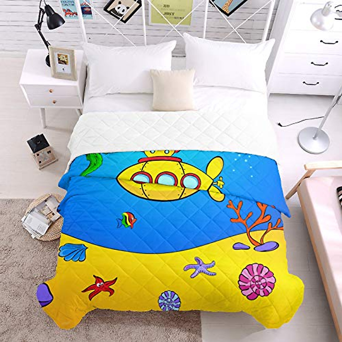 Arts Language Cool Summer Bedspread Quilt Yellow Submarine Underwater All-Season Comforter Duvet Insert or Stand-Alone Comforter, Comfortable Air Conditioning Bed/Sofa Blanket for Adults Kids 82x85in