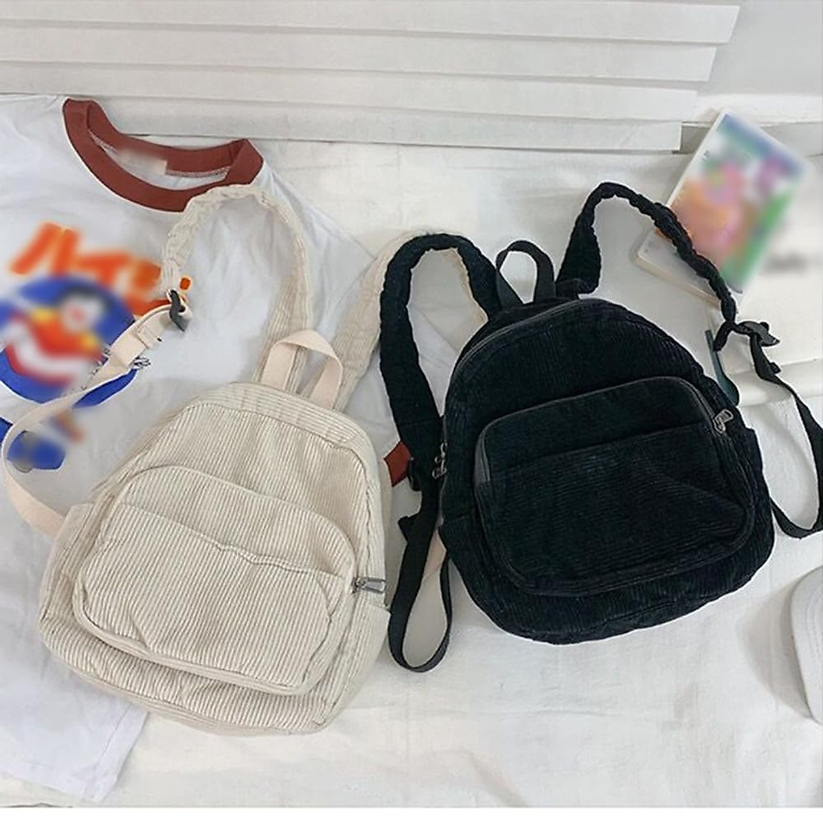 Didida Mini Corduroy Backpack Purse for Women Aesthetic Backpack Small Back Pack Purse Cute Mini Backpacks (Black)