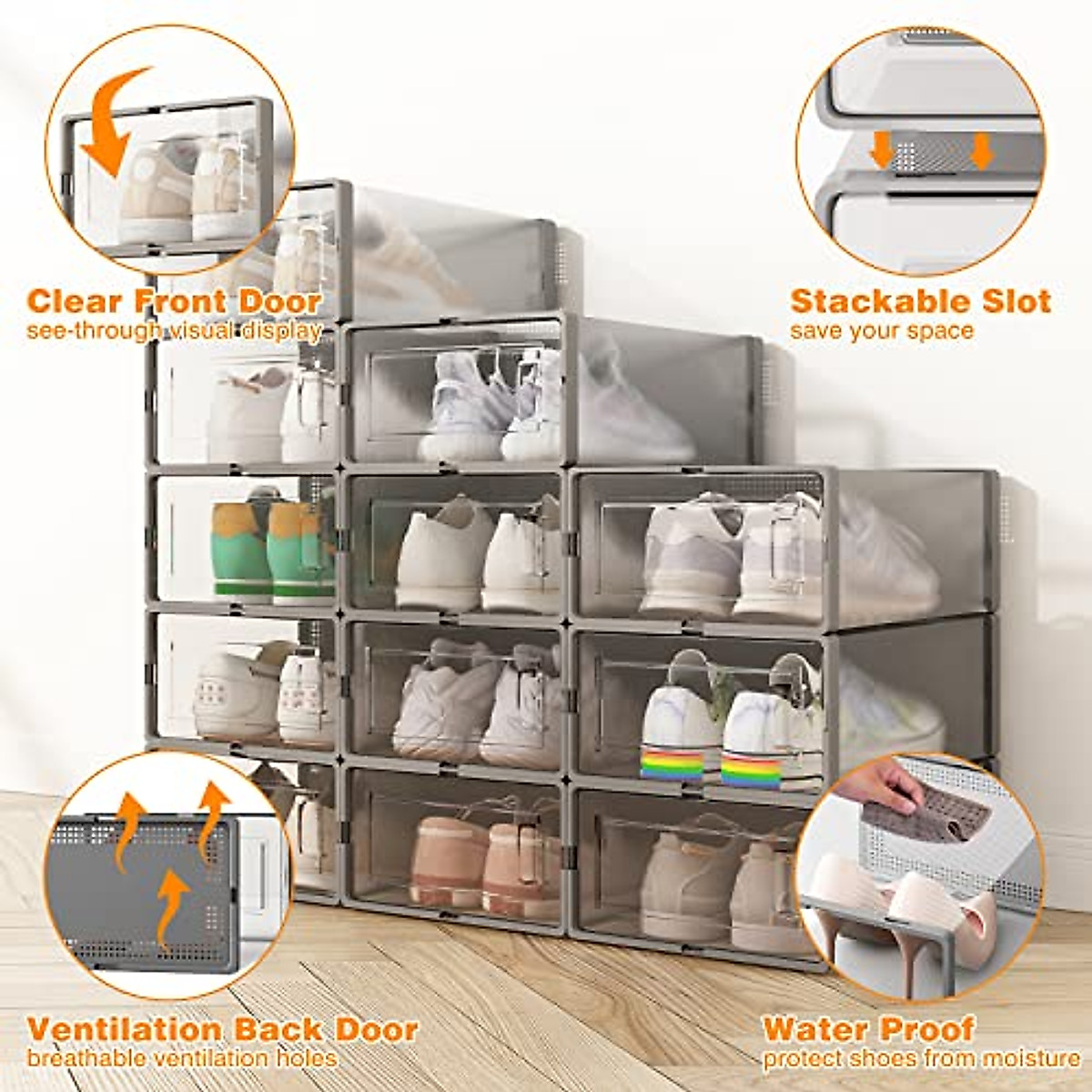 Fixwal XL-Large Shoe Storage Box, 12 Pack, Clear Plastic Organizers for Closet, Stackable, 13.2 x 10.1 x 6.42 Inch