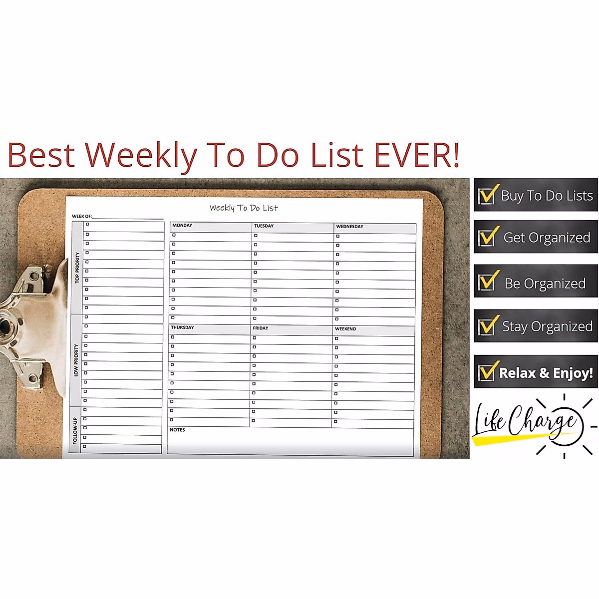 Weekly TO DO List Notepad, 50 Page Task Planner Pad w/ Daily Checklist, Priority ToDo Checkbox & Note Sections. Desk Notebook Pad to Organize Office. 11 X 8.5, A4 Sheets. Made in the USA.