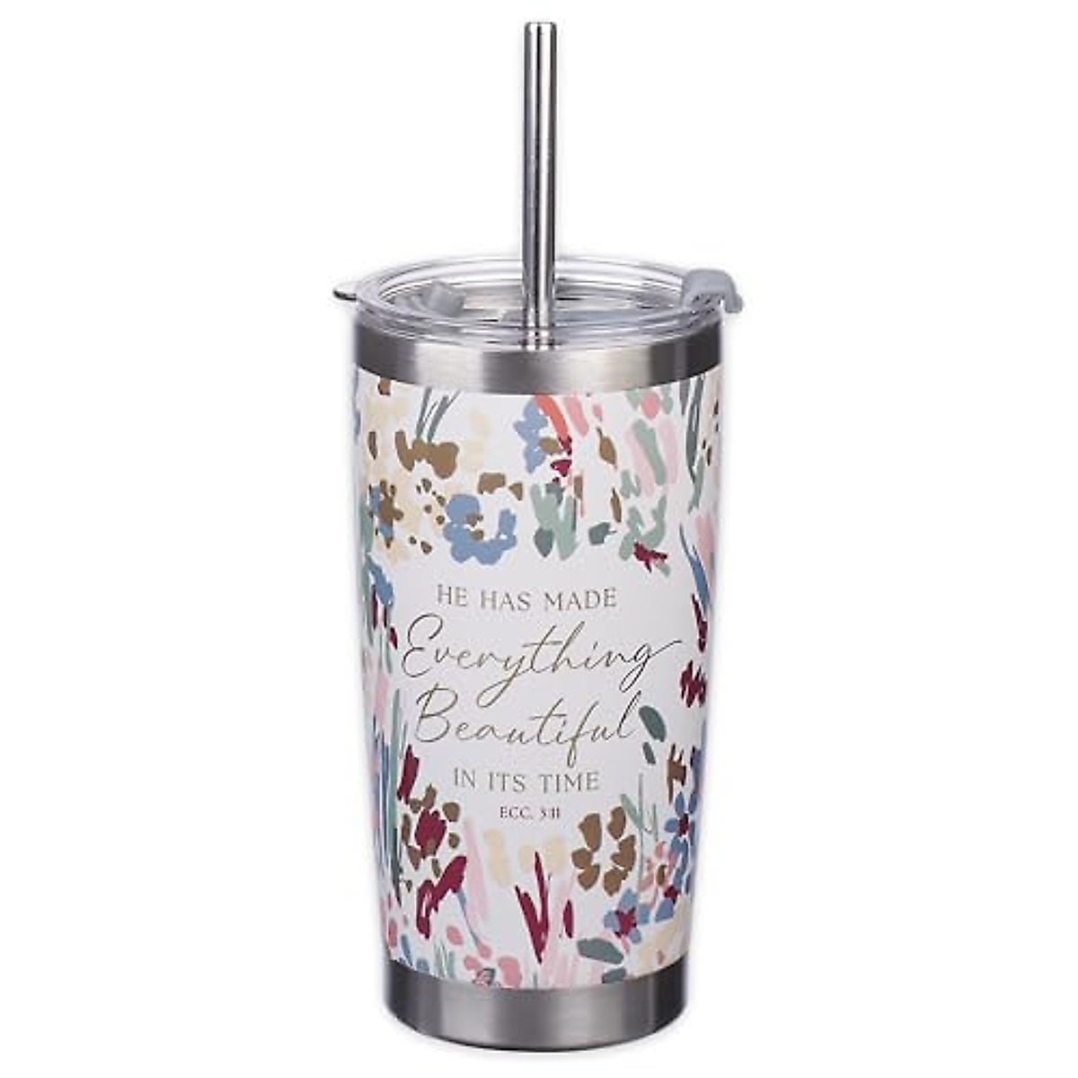 Christian Art Gifts Large Travel Tumbler for Women Stainless Steel Vacuum Insulated Inspirational Scripture: Everything Beautiful, Lid, Straw, White & Pink Floral, 18 oz.