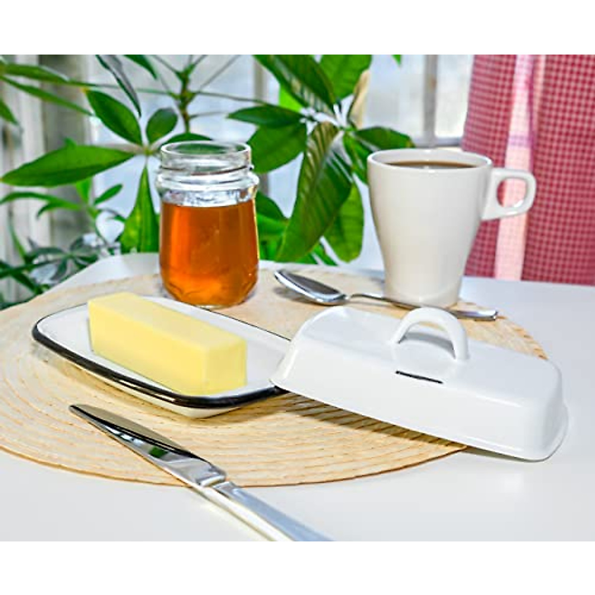 Red Co. 7.75” x 4.5” Enamelware Metal Cheese Server & Butter Dish Holder with Dome Lid, Distressed White/Black Rim