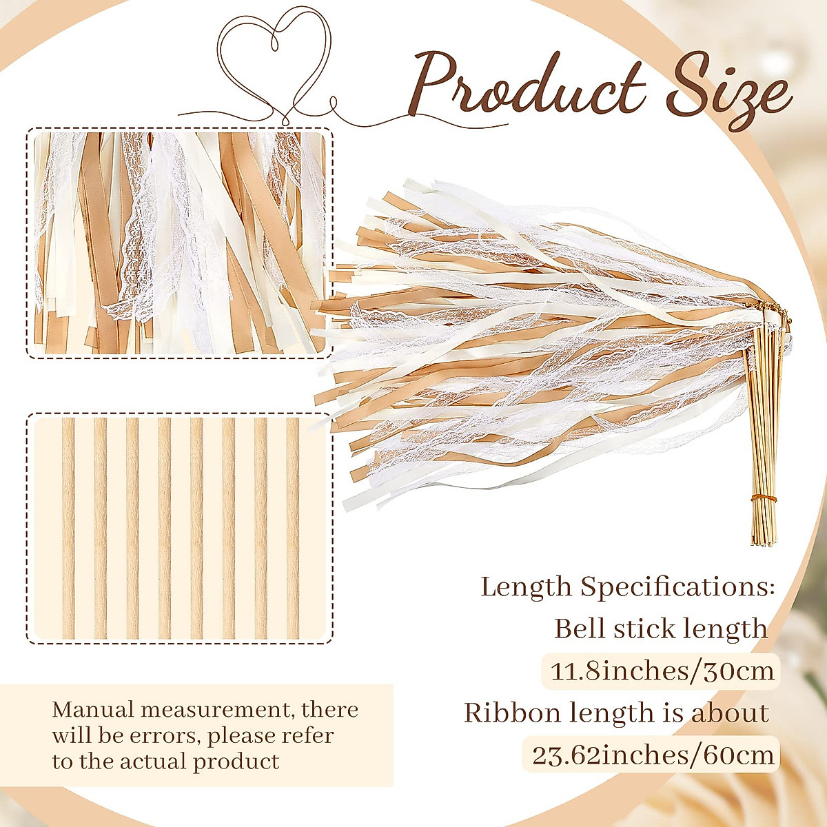 Taiyin 150 Pcs Lace Ribbon Stick Wands Wedding Wand Streamers with Bell Silk Ribbon Fairy Wand Wedding Send Off Streamer for Wedding Party Favors Baby Shower Holiday(White)