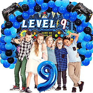 Vlipoeasn 90PCS 9th Birthday Video Game Party Decorations for Boys Set Blue 9th Birthday Supplies -9th Video Game Backdrop, Balloons, Tablecloth, Gamer and 9 Foil Balloons for 9th Birthday Party