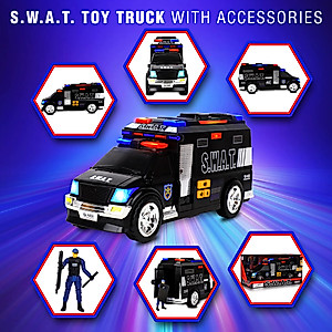 Playkidiz 15'' SWAT Toy Truck, Armored Police Car, Toy Truck for Kids, Lights & Sounds with Accessories, Rescue Role Playset, Play & Learn Toddler Toys Ages 3+