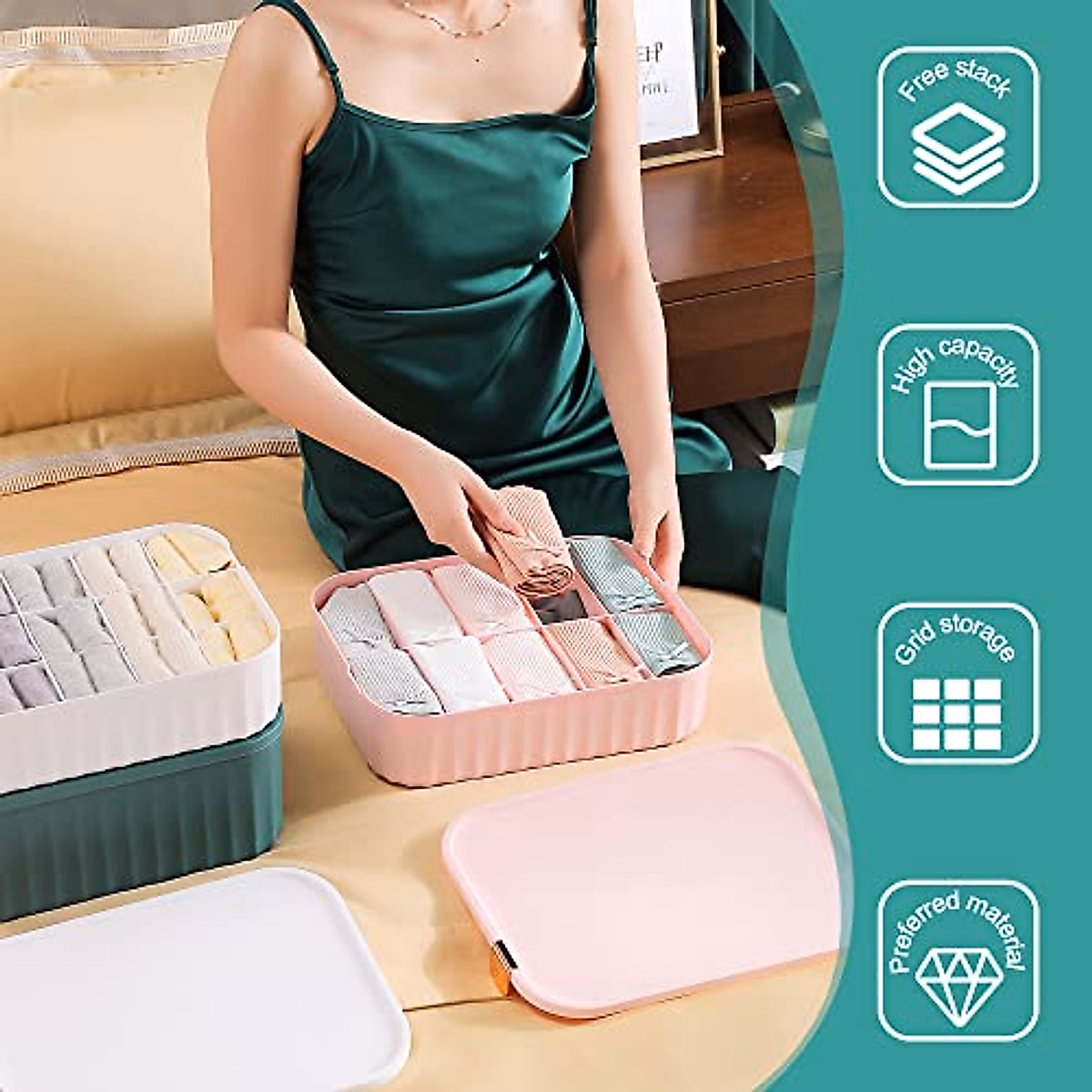 Withtoday Socks underwear drawer organizer, 10Cells or 15Cells underwear organizer Boxes for Socks, underwear organizer for drawer(10grid, PINK)