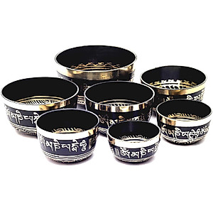 Chakra Healing Tibetan Singing Bowl with Mantras in Black Set of 7 pieces for Meditation, Sound Healing, included Cushions, Mallets Carrying Case, from Nepal