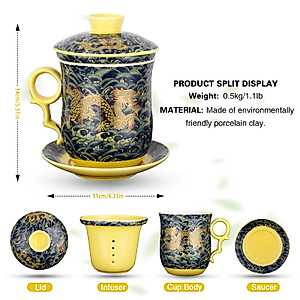 YURROAD 2 Pack - Ceramic Tea Cup with Infuser and Lid Tea Mugs Teaware with Filter and Coaster Porcelain Tea Steeping Mug - 13.5 oz / 400ml