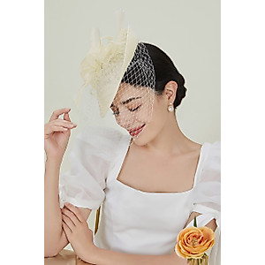 BABEYOND Women's Pillbox Fascinator Hat Kentucky Hat Feather Derby Fascinator Tea Party Fascinator Hat with Veil for Cocktail Off-White