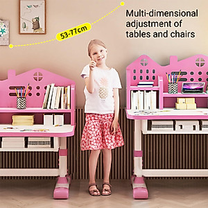 TOLUON Kids Desk and Chair Set, Height Adjustable Children School Desk, Kids Study Table and Chair Set with Sitting Corrector, Ergonomic Child Toddler Desk with Book Stand, Partition Design (Pink-4)