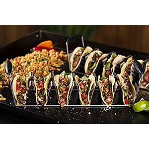 BLACKSTONE 5551 Deluxe Holder Stand Pack of 2 Stainless Steel Racks with Heat Resistant Handles-One Tray Holds 6 Tacos-Dishwasher Safe, Black/Silver