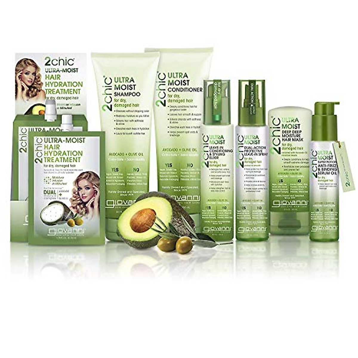GIOVANNI 2chic Ultra-Moist Leave-In Conditioning Styling Elixir - Smoothes Frizz Prevents Breakage, For Dry & Damaged Hair, Avocado & Olive Oil, Enriched with Aloe Vera, Shea Butter - 4 fl oz