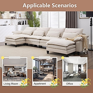 154" Oversized Modular Sectional Sofa , Ice Velvet Large U-Shaped Couch Comfy Upholstered 4-Seat Sofa with 2 Movable Ottoman, 4 Lumbar Pillow, Deep Seat Couch for Living Room,DIY Combination Beige