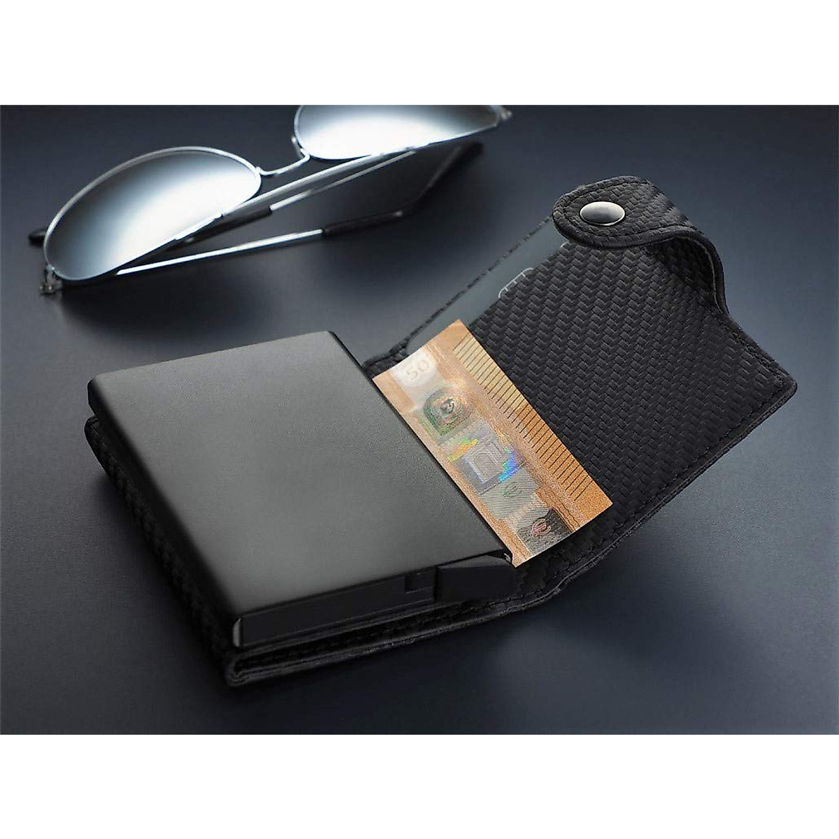 PULARYS Mini Wallet CARBON - Card Case Made of Carbon Eco-Leather - RFID blocking - Size: 7.5 x 9.5 x 2.5 cm - Space for up to 9 Cards - One Note Compartment Secured with Snap Closure
