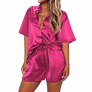 Ekouaer Short Pajama Set Womens Slipping Lounge Set Silk Nightwear Pjs Satin Short Sleeve Shirts & Shorts (Rose,L)