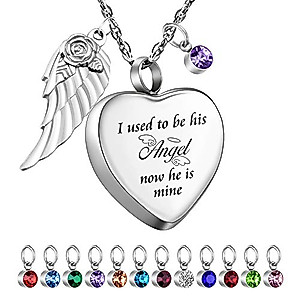 Dletay Heart Cremation Necklace for Ashes Angel Wing Urn Necklace with 12 PCS Birthstones-I Used to be His Angel, Now He is Mine
