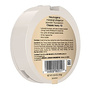 Neutrogena Mineral Sheers Compact Powder Foundation, Lightweight & Oil-Free Mineral Foundation, Fragrance-Free, Classic Ivory 10,.34 oz (Pack of 2)