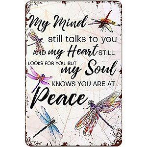 Xiddxu Vintage Wall Decor Metal Plaque Dragonfly My Mind Still Talks to You Wall Art Nostalgic tin Sign for Home Kitchen Pubs Sign 8x12 Inch