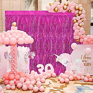 Hot Pink Metallic Tinsel Foil Fringe Curtains, 2 Pack 3.3x8.3 Feet Streamer Backdrop Curtains for Birthday Party Decorations, Halloween Decor, Foil Curtain Backdrop for Bachelorette Party