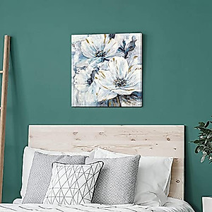 Abstract Floral Blue Wall Art: White Magnolia Canvas Artwork Gold Foil Flower Modern Painting Gray Watercolor Blossom Picture large Elegant Botanical Prints for Bathroom Bedroom Living Room