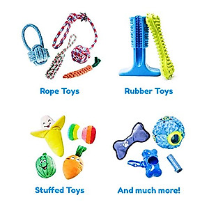 Pacific Pups Products for Dogs 18 Piece Dog Toy Set with Dog Chew Toys, Rope Toys for Dogs, Plush Dog Toys and Dog Treat Dispenser Ball - Supports Non-Profit Dog Rescue